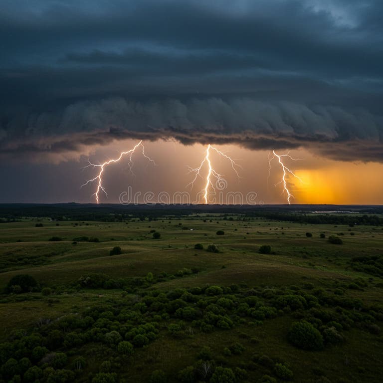 Stormy Landscape with a Dramatic Sky Featuring Multiple Bolts of ...