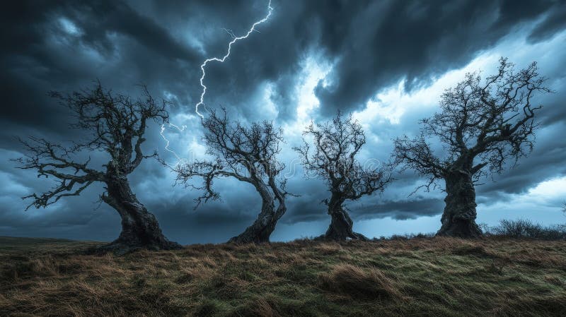 Stormy Landscape with Lightning Striking Over Twisted Trees in Dark ...