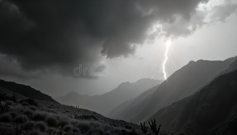 Stormy Mountain Landscape. Dramatic Lightning Strikes Over Rugged ...