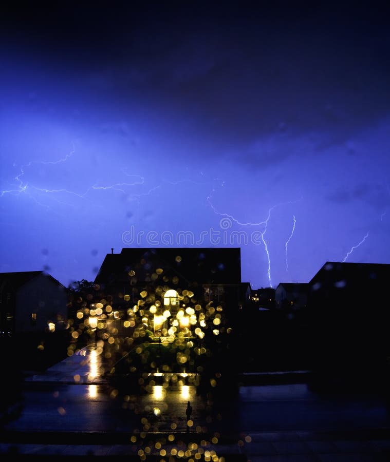 View Of City Storm Through Wet Window With Blurred Rain Drops Stock ...