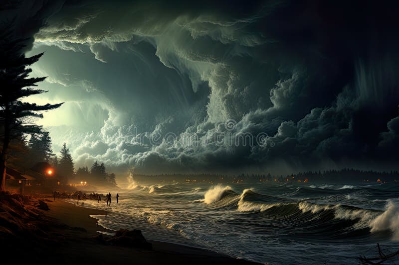 A Stormy Night at the Beach with People Walking on the Shore ...