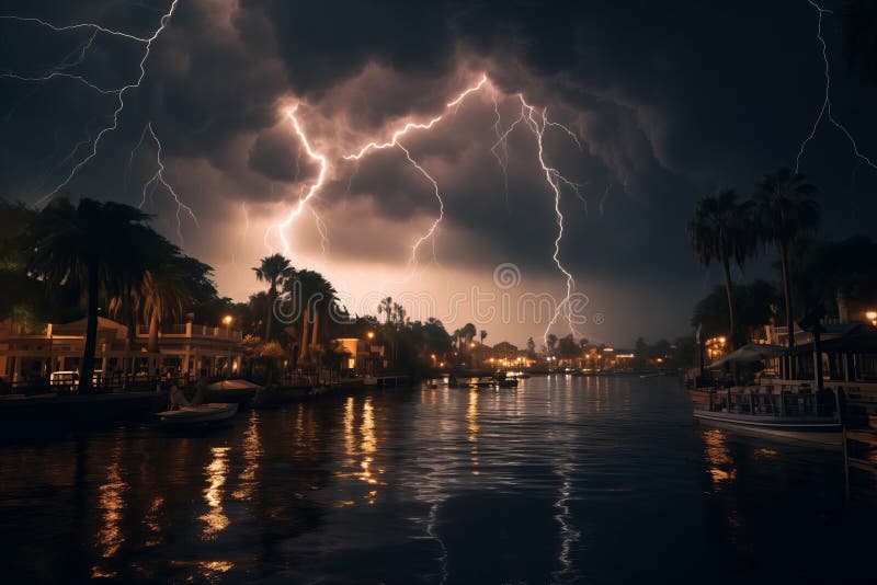 A Stormy Night with a Bright Lightning Bolt in the Sky Stock Photo ...