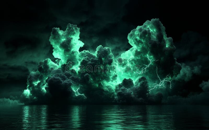 On a Stormy Night, Dramatic Green Lightning Strikes Above a Reflective ...