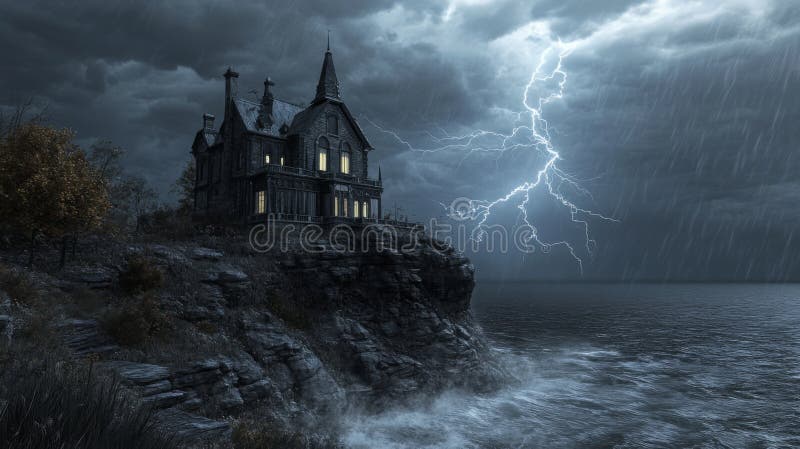 A Stormy Night with a Haunted House on a Cliff Overlooking the Sea ...