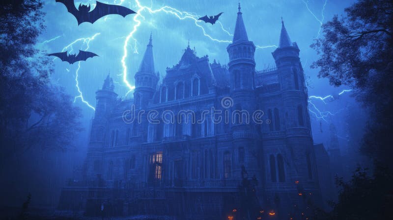 A Stormy Night at the Haunted Manor Stock Illustration - Illustration ...