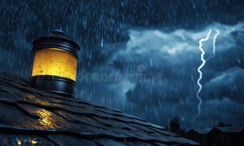 Stormy Night with Illuminated Lantern on Rooftop during Heavy Rain and ...