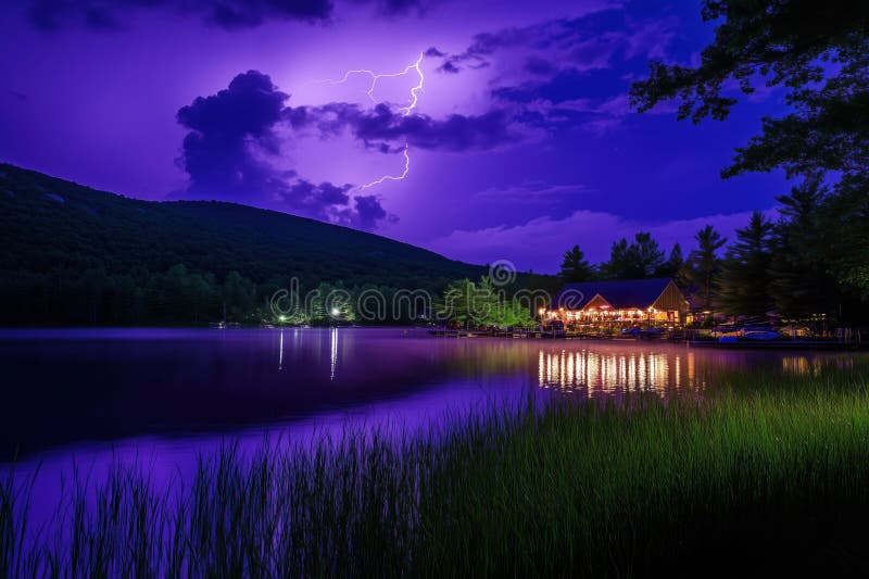 Stormy Night Over Lake with Lightning, Reflections, and Cabin Lights ...