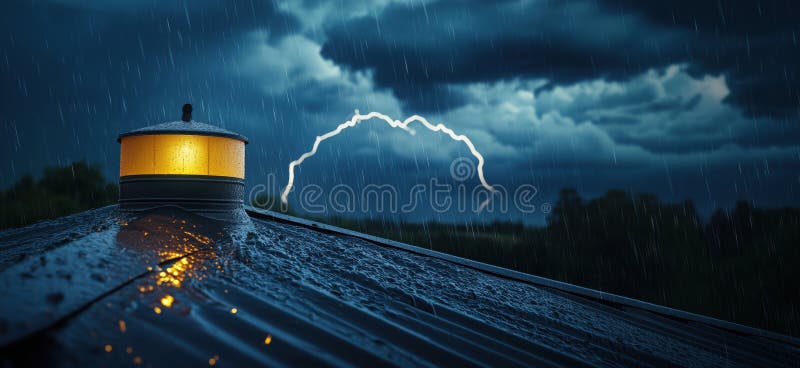 Stormy Night with Rain and Lightning Illuminating Rooftop Lantern Stock ...