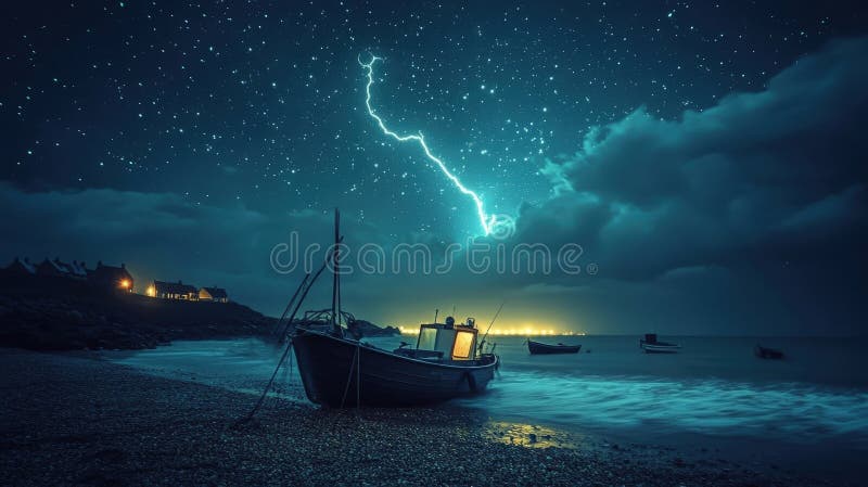 Stormy Night at Sea with Lightning and a Boat Under Starry Sky Stock ...