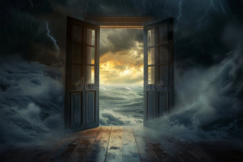 A Stormy Ocean with a Door in the Middle of it Stock Photo - Image of ...