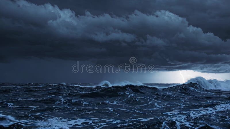 Stormy Ocean with Dramatic Clouds and Lightning, Powerful Nature ...