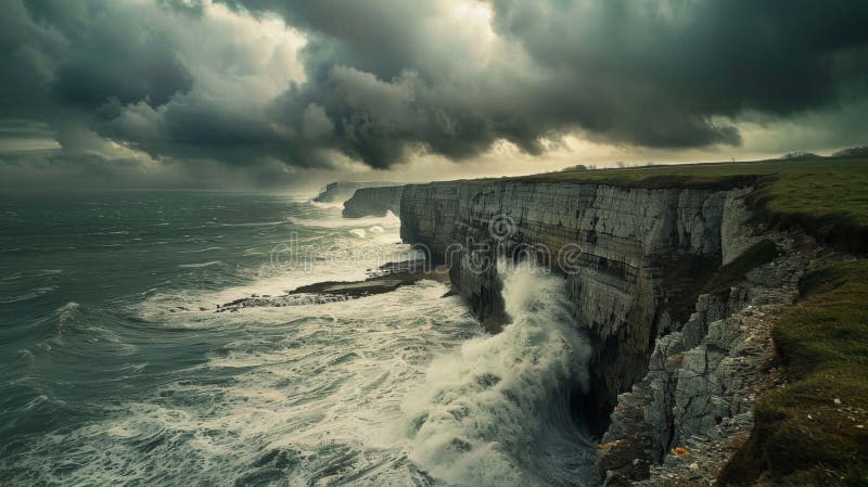 A Stormy Ocean with a Large Wave Crashing Against a Rocky Cliff Stock ...