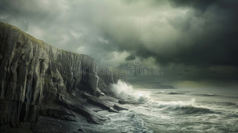 A Stormy Ocean with a Large Wave Crashing Against a Rocky Cliff Stock ...