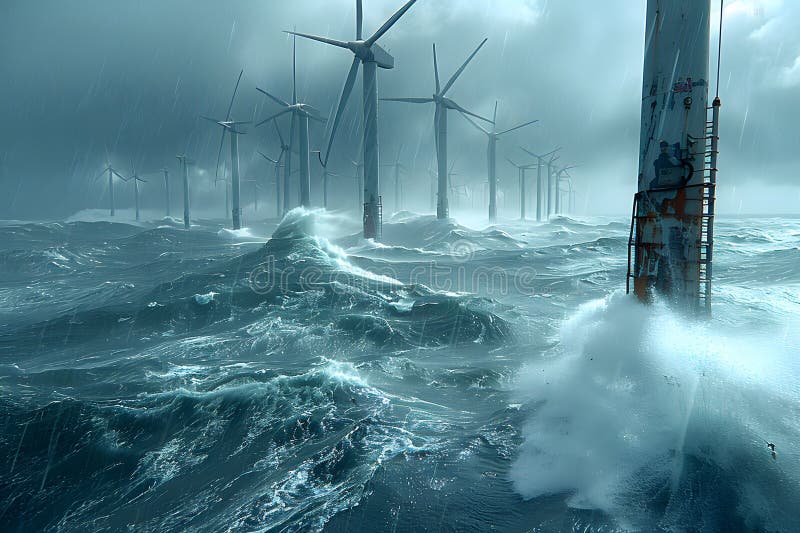 Stormy Ocean with Offshore Wind Turbines for Renewable Energy ...
