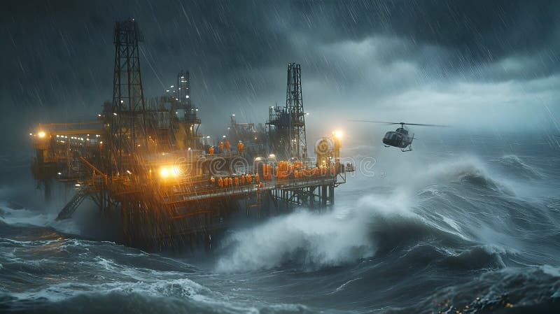 Stormy Ocean Oil Rig with Helicopter and Heavy Rain Stock Image - Image ...