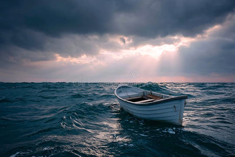 A Stormy Ocean with a Tiny Boat Navigating through, Generated AI Stock ...