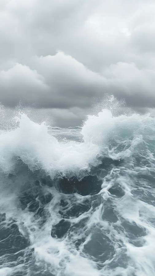 Stormy Ocean Wave Crashing Under Cloudy Sky, Nature Power Concept Stock Image - Image of power ...