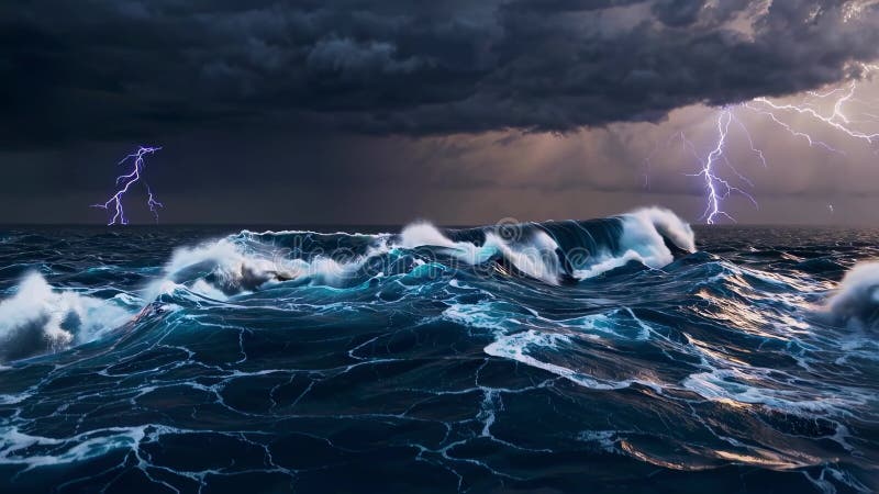 Stormy Ocean Waves Crash Under Dramatic Dark Clouds and Lightning Flash ...