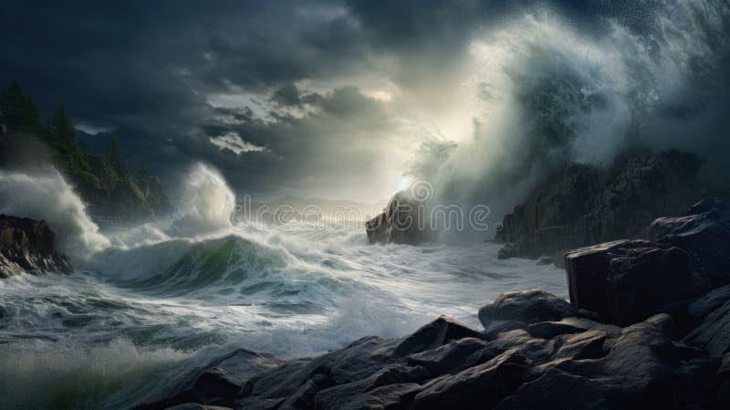 A Stormy Ocean with Waves Crashing on Rocks and Trees, AI Stock Photo ...