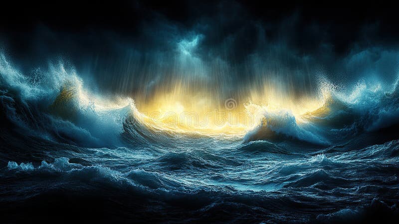 Stormy Ocean Waves at Night, Dramatic Lighting, Background Clouds ...