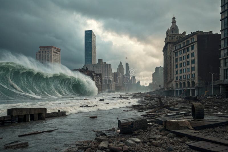 Stormy Post-apocalyptic Shore Skyline with Tidal Wave Stock ...