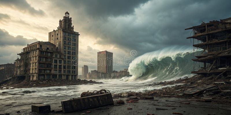 Stormy Post-apocalyptic Shore Skyline with Tidal Wave Stock ...