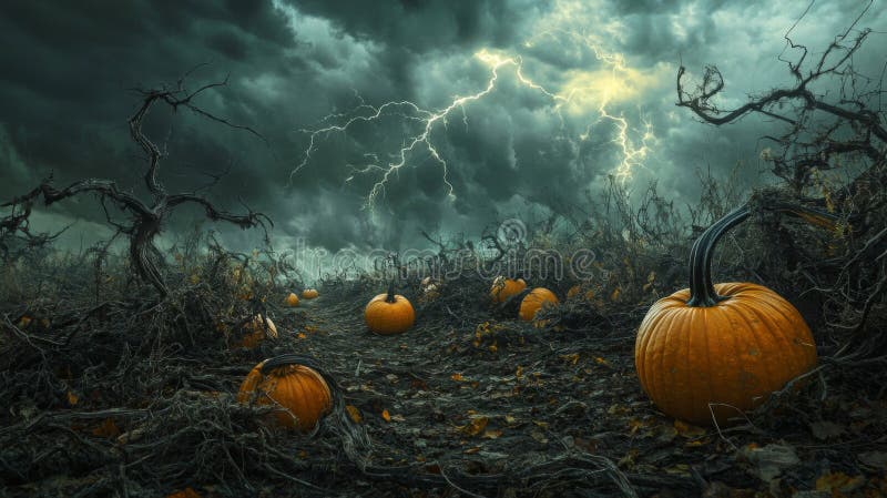 A Stormy Pumpkin Patch with Lightning and Dead Trees Stock Illustration ...