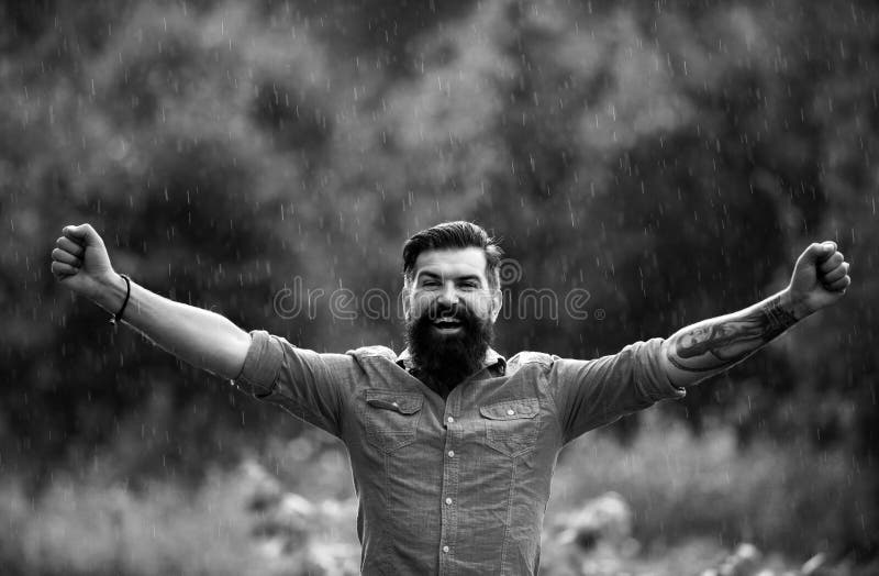 Stormy Rainy Weather Concept Waterproof Wear Happy Man Under Rain Autumn Mood Stock Image