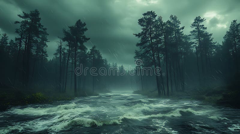 Stormy River Flows through Dark Forest, Rain Stock Illustration ...
