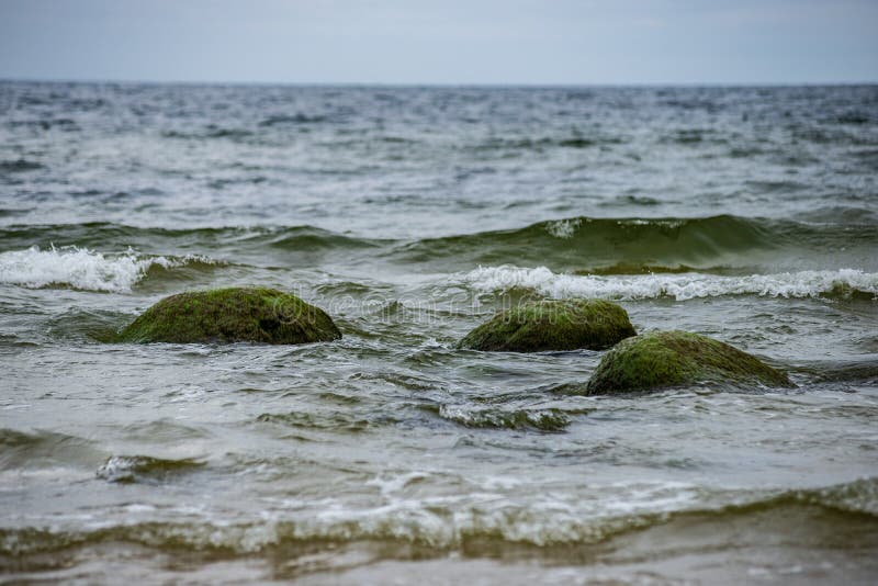 Stormy Sea Beach with Large Rocks in the Wet Sand Stock Image - Image ...