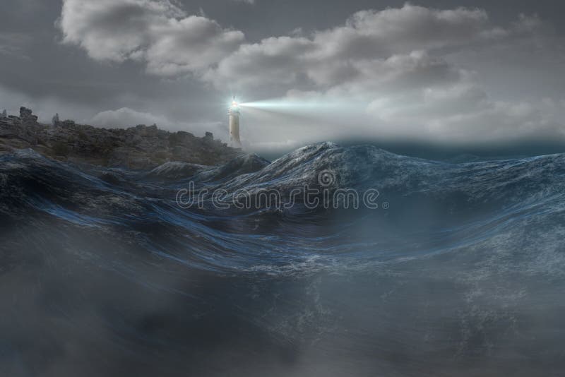 Stormy sea with lighthouse stock illustration. Illustration of ...