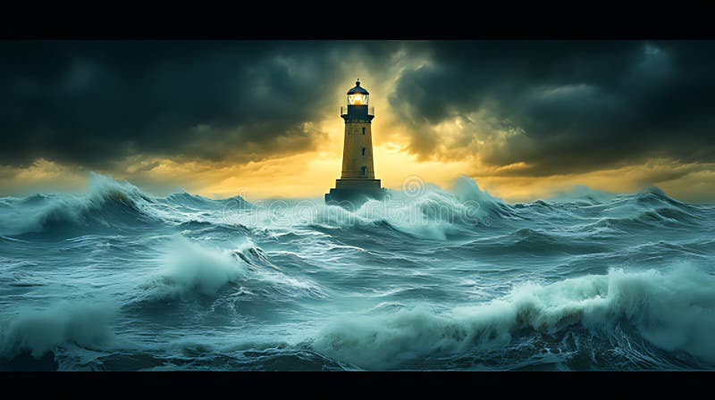 Stormy Sea Lighthouse Beacon Hope Dramatic Waves Ocean Stock ...