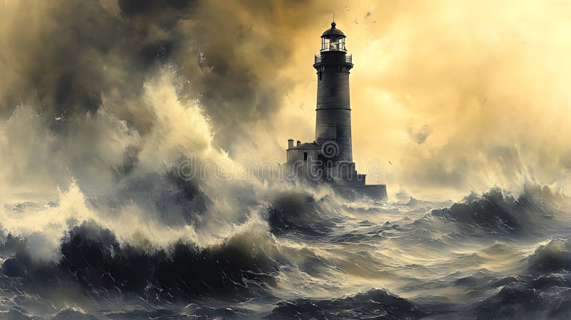 Stormy Sea Lighthouse Coastal Dramatic Sunset Ocean Waves Stock ...