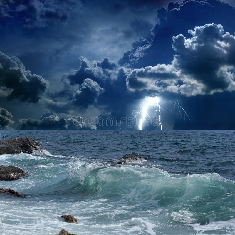 Stormy sea, lightnings stock image. Image of light, force - 30322549