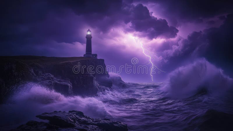 Stormy Sea at Night with a Lighthouse Illuminating the Waves Under ...