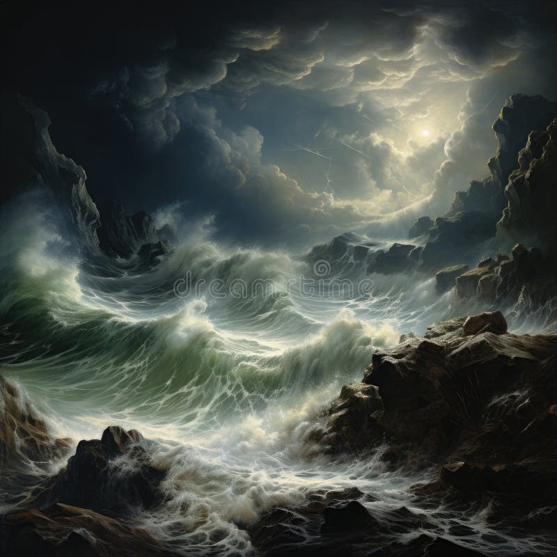 A Stormy Sea with Rocks and Clouds Stock Illustration - Illustration of ...