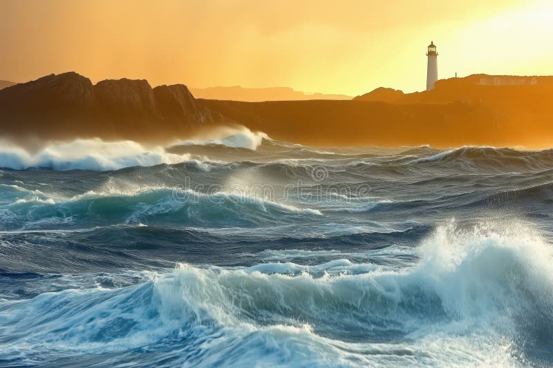 Stormy Sea Waves with Dramatic Sky and Lighthouse on Distant Cliff ...