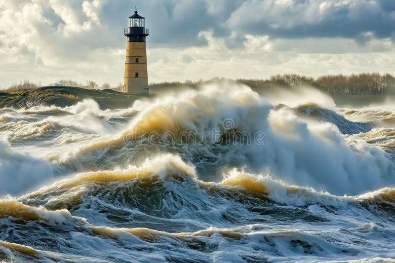 Stormy Sea Waves with Dramatic Sky and Lighthouse on Distant Cliff ...