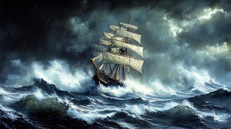 Stormy Seas Sailing Ship Braving Tempestuous Ocean Stock Illustration ...