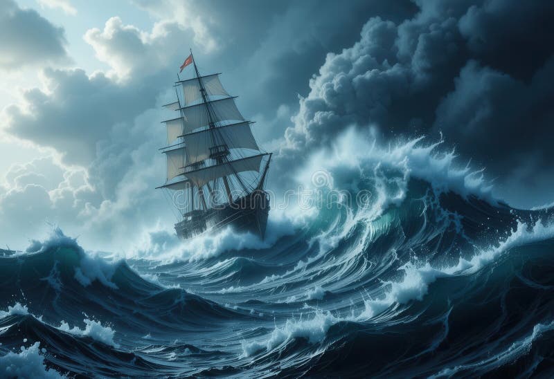 Stormy Seas with a Sailing Ship Navigating Towering Waves Stock Photo ...