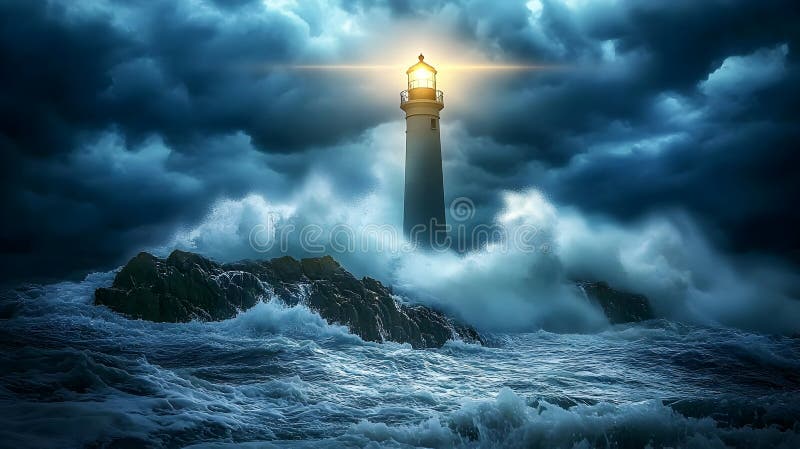 Stormy Seas Surround a Beacon of Light from an Ocean Lighthouse at ...