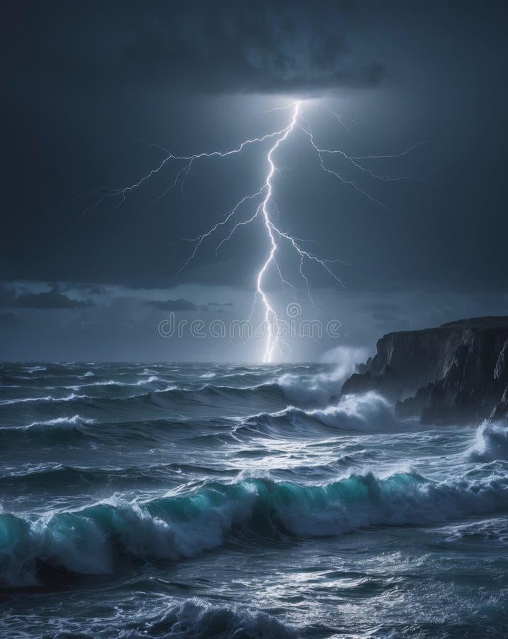 Stormy Seascape at Night Dramatic Lightning and Waves in Ocean Stock ...