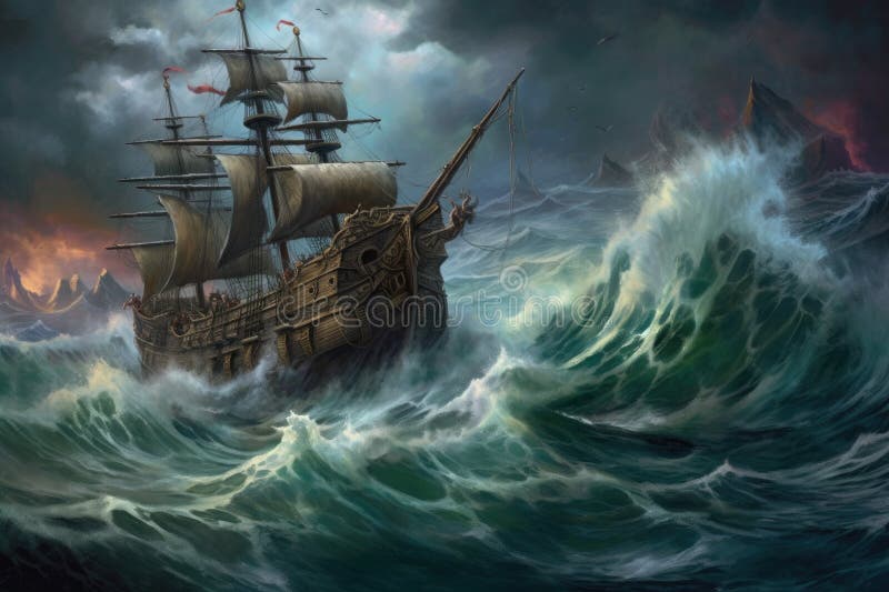 Stormy Seascape with a Pirate Ship Battling the Raging Waves Stock ...