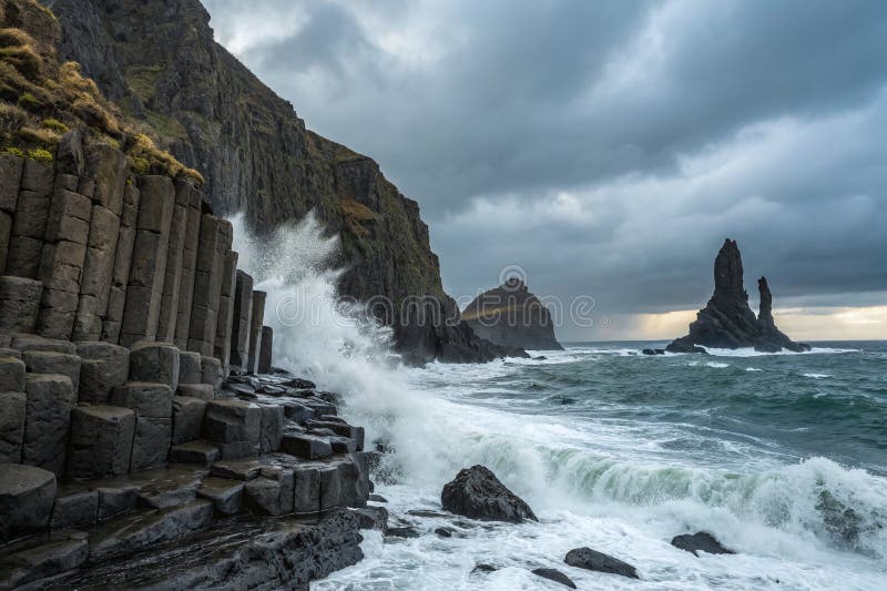 Stormy Seaside Landscape with Basalt Columns and Rugged Cliffs Under ...