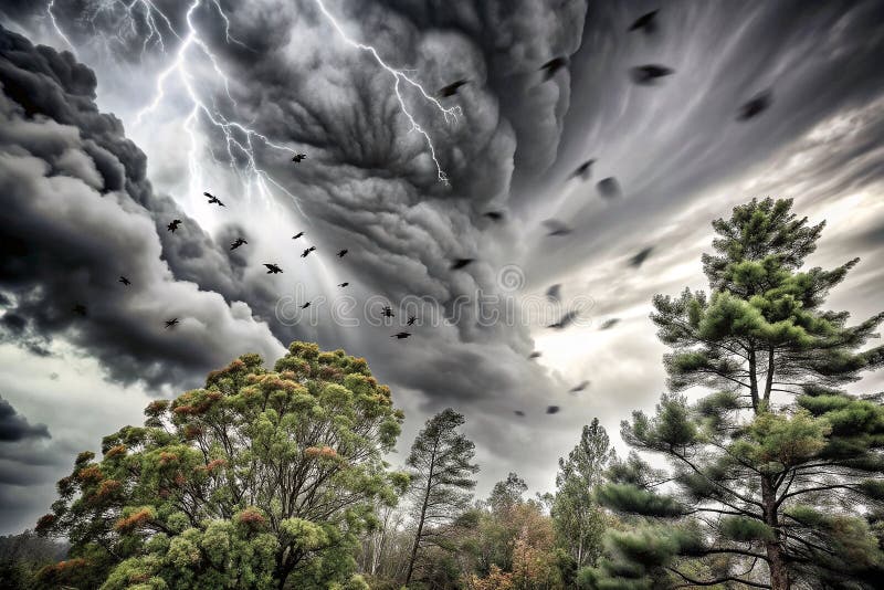 Stormy Skies Above Forest Trees with Birds Stock Illustration ...