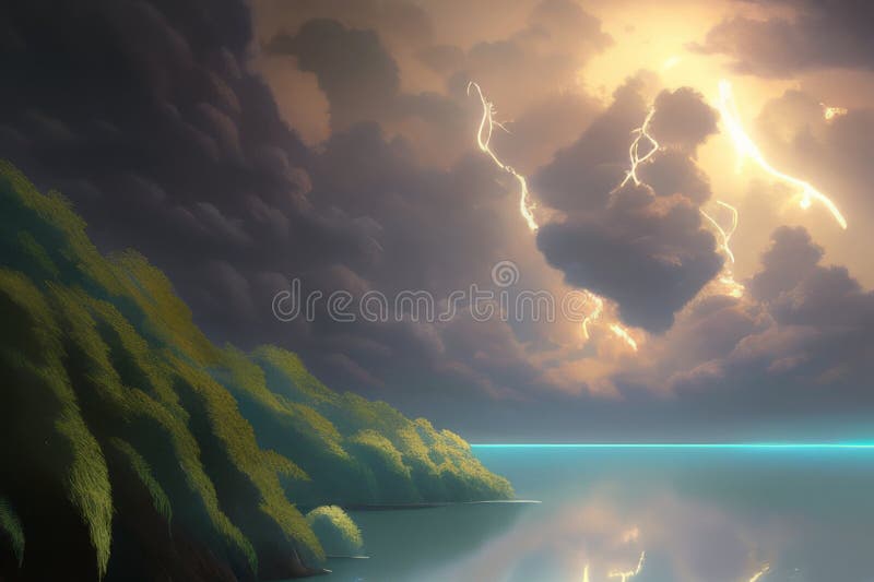 A Stormy Sky with a Large Lightning Bolt in the Middle Stock Photo ...