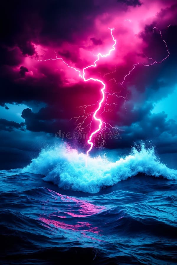 A Purple Sky with a Lightning Bolt Over the Ocean Stock Photo - Image ...