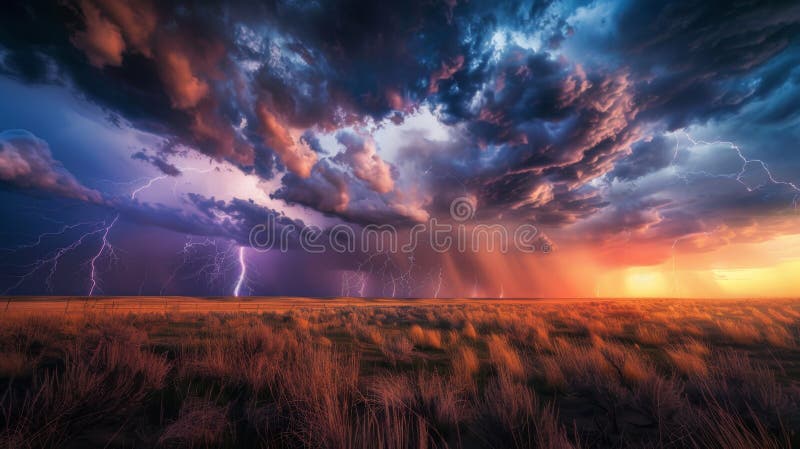 A Stormy Sky with Lightning and a Field of Grass Stock Illustration ...