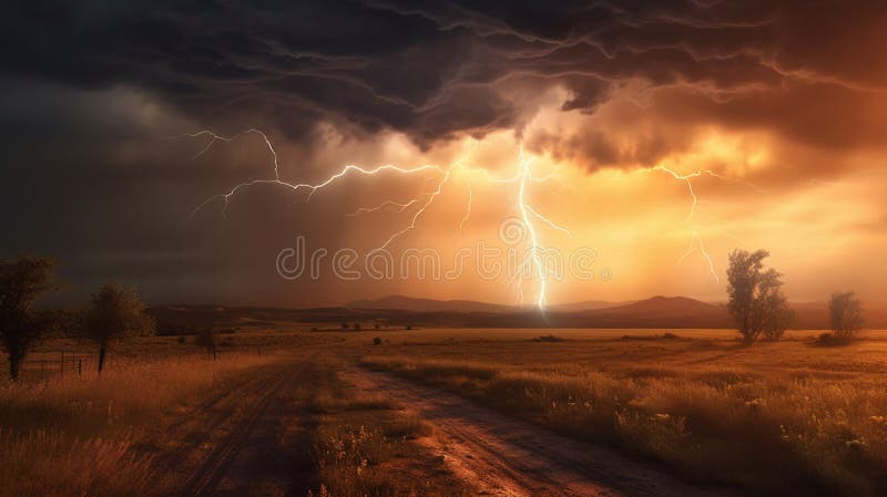 Stormy Sky with Lightning in the Field. Generative AI. Stock ...