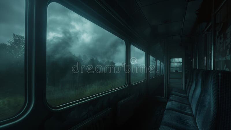 A Stormy Sky Looming Over a Train Traveling through a Dark Forest Stock ...